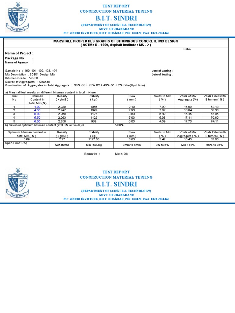 Bituminous Mix Test Results | PDF | Asphalt | Composite Material