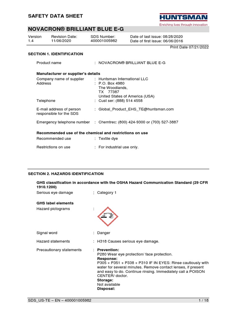 Novacron Brilliant Blue E-G | PDF | Toxicity | Firefighting