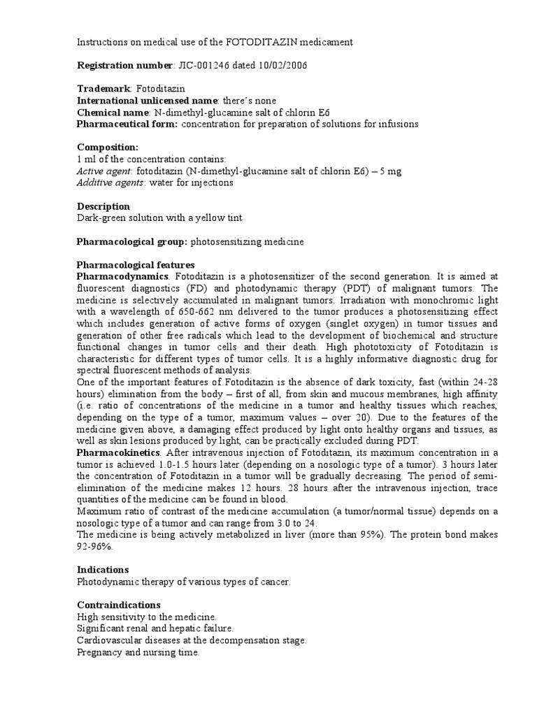 Fotoditazin Instructions For Intravenous PDT | PDF | Intravenous Therapy | Health Care