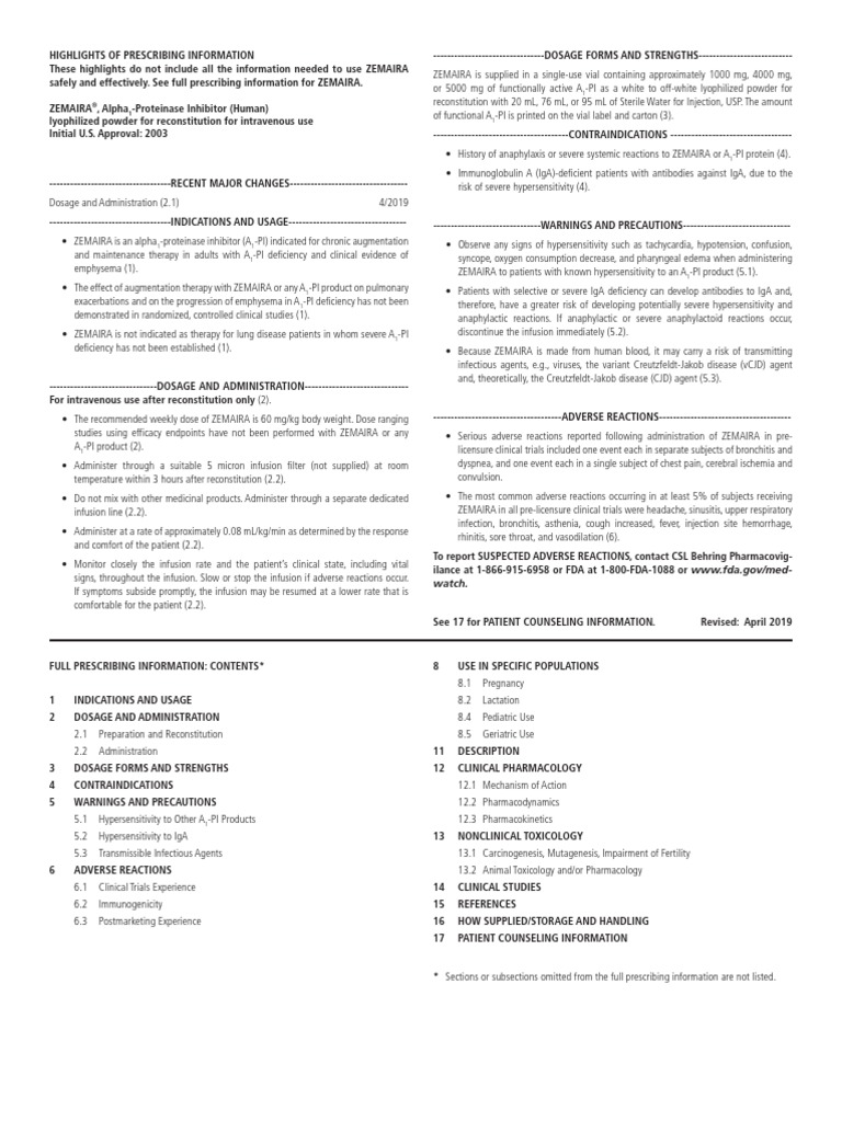 Zemaira Prescribing Information | PDF | Infection | Intravenous Therapy