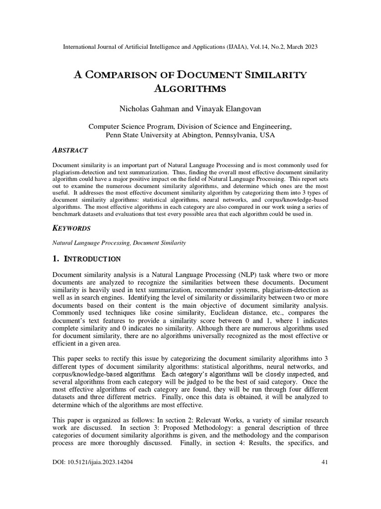 A Comparison Of Document Similarity Algorithms Pdf Applied Mathematics Cognitive Science 