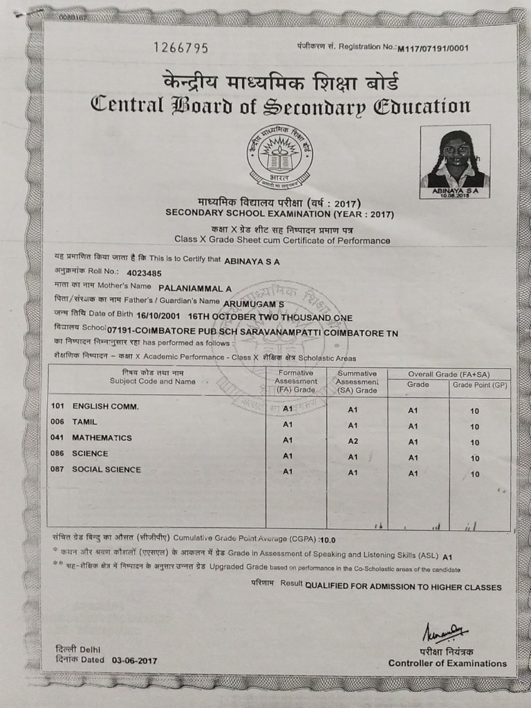 Certificate of Performance - Class X Grade Sheet for Abinaya S A | PDF | Evaluation Methods ...