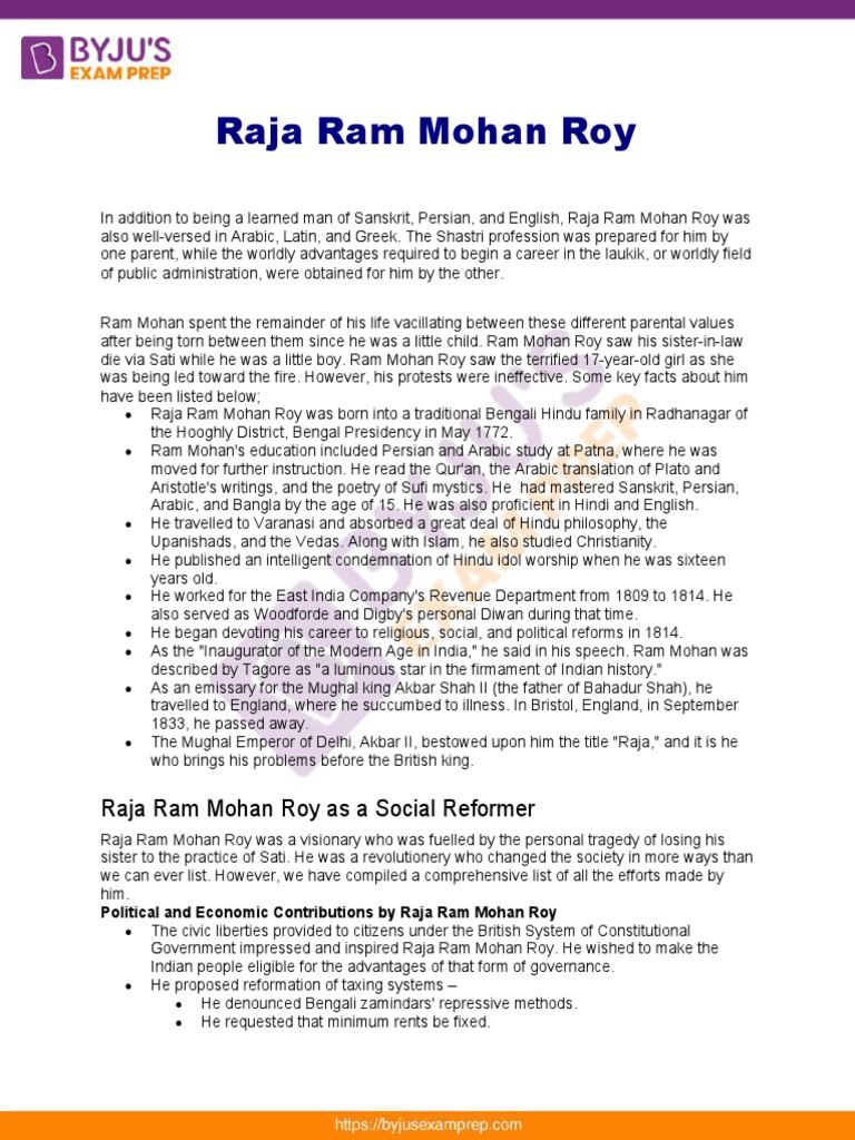 Raja Ram Mohan Roy Notes | PDF | Indian Religions | Religious Faiths