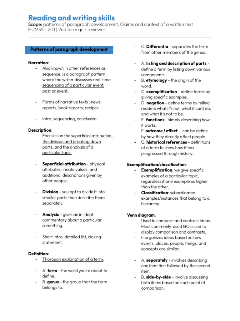 Reading and Writing Skills: Pa Erns of Paragraph Development | PDF ...