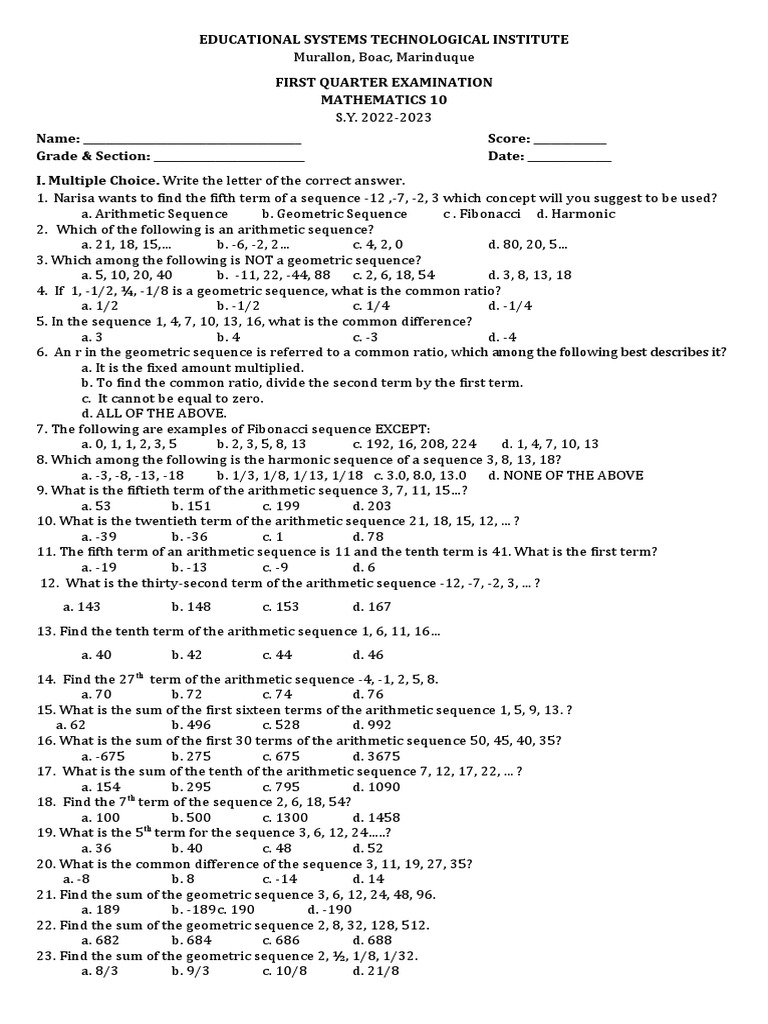 First Quarter Exam Grade 10 Math | PDF | Ratio | Mathematical Analysis