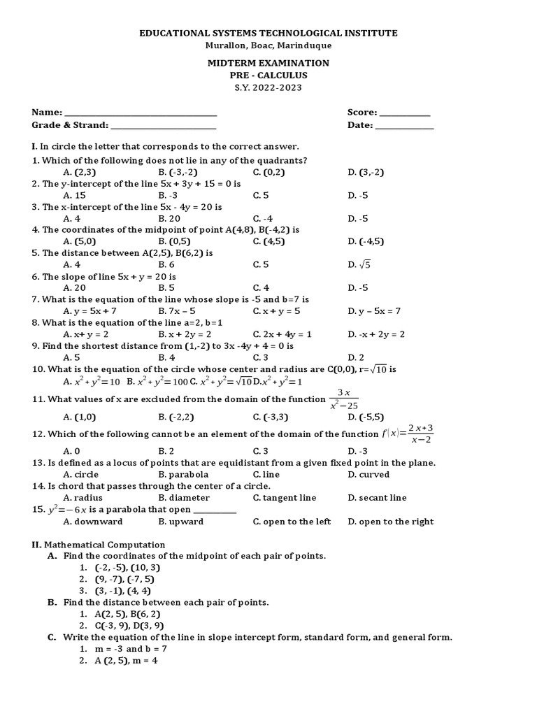 Midterm - Pre-Calculus | Download Free PDF | Circle | Mathematical Objects Midterm - Pre-Calculus | Download Free PDF | Circle | Mathematical Objects