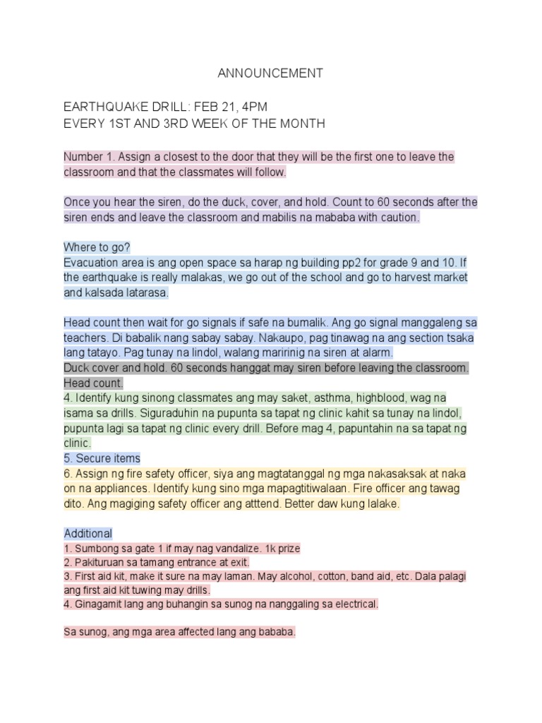 Earthquake Drill Announcement Script | PDF