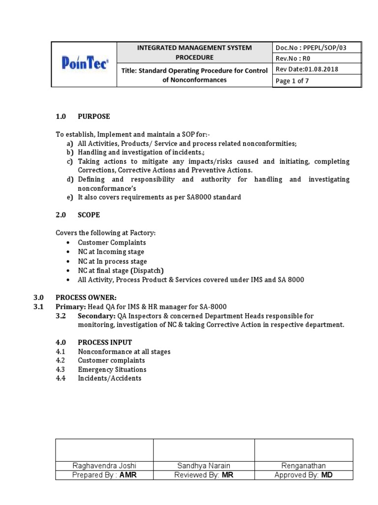 PPEPL-SOP-03 Procedure For Control of NC | PDF | Business Process ...