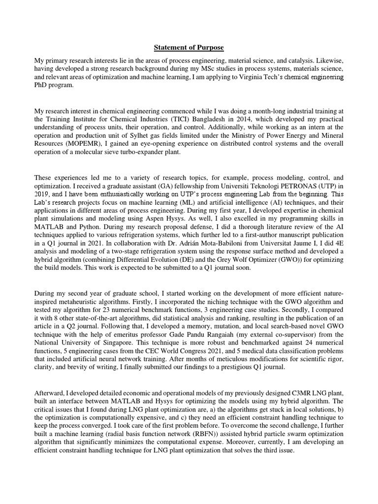 Statement of Purpose | PDF | Mathematical Optimization | Engineering