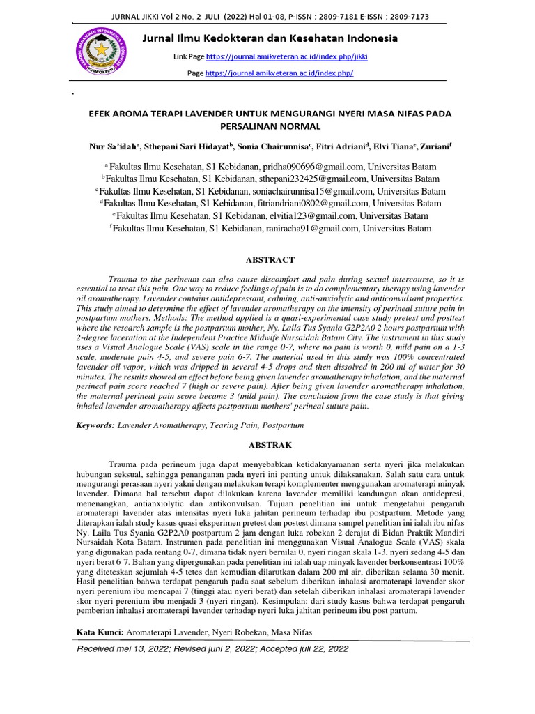 Efek Aroma Terapi Lavender Untuk Mengurangi Nyeri Masa Nifas Pada | PDF | Health Care | Medicine