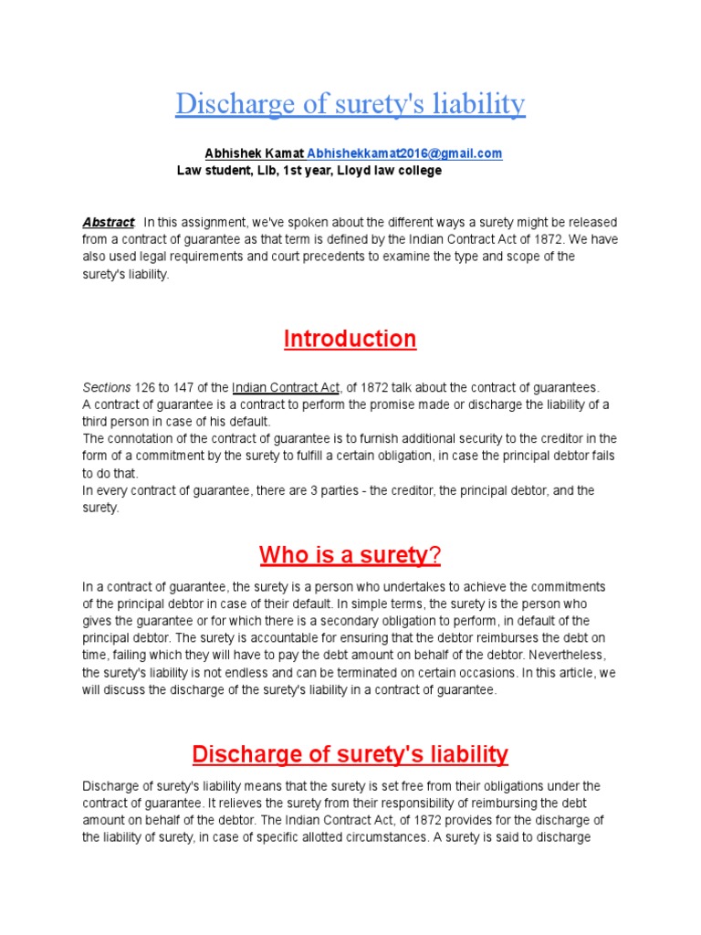 Discharge of Surety's Liability by Abhishek | PDF | Guarantee | Surety