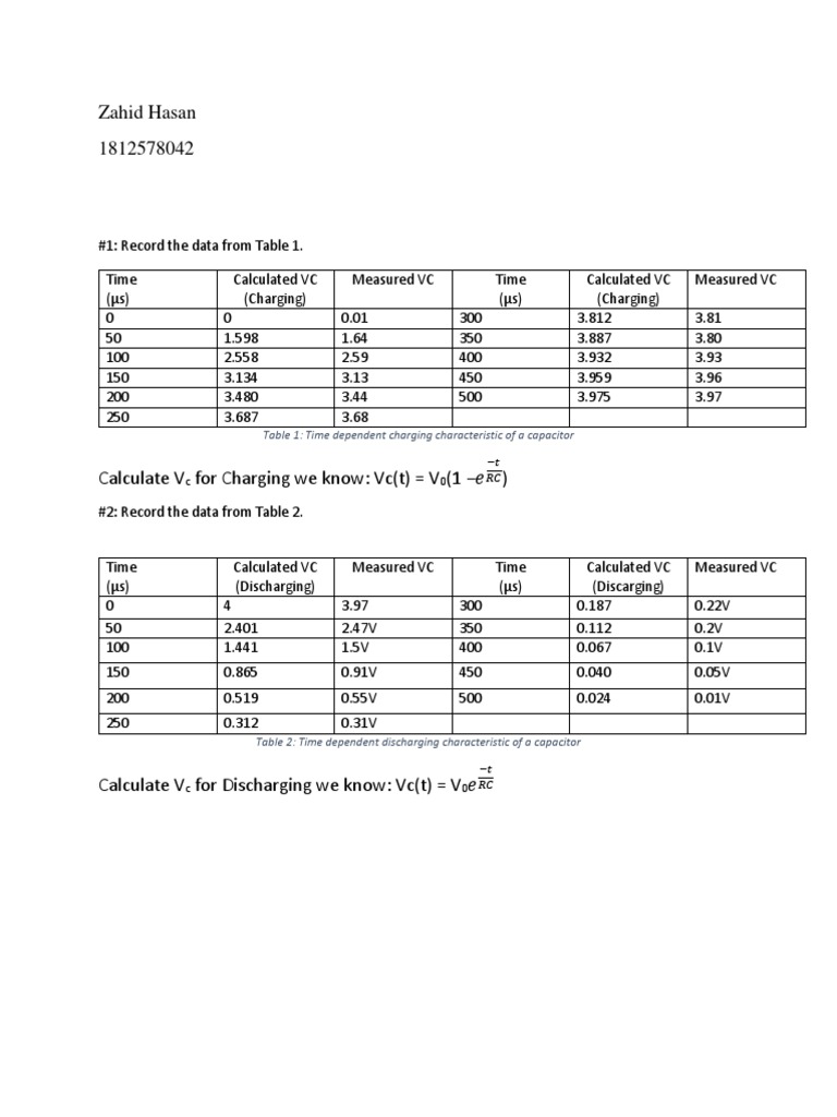 Zahid Hasan 1812578042: Table 1: Time Dependent Charging Characteristic of A Capacitor | PDF ...