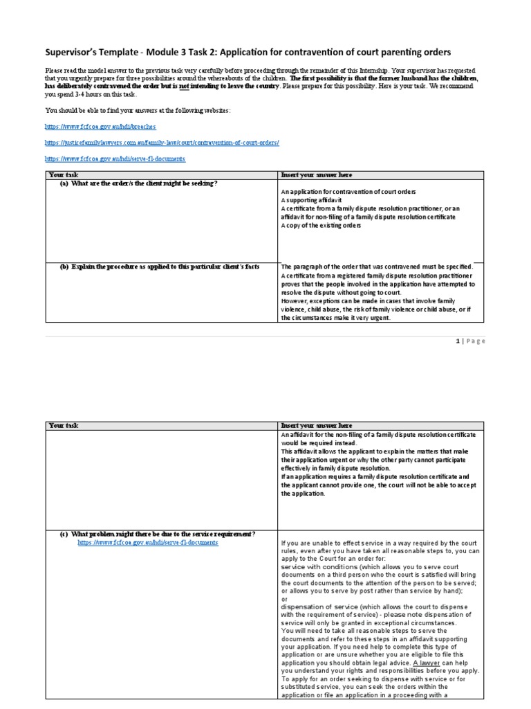 Supervisor's Template - Module 3 Task 2 Application For Contravention of Court Parenting Orders ...