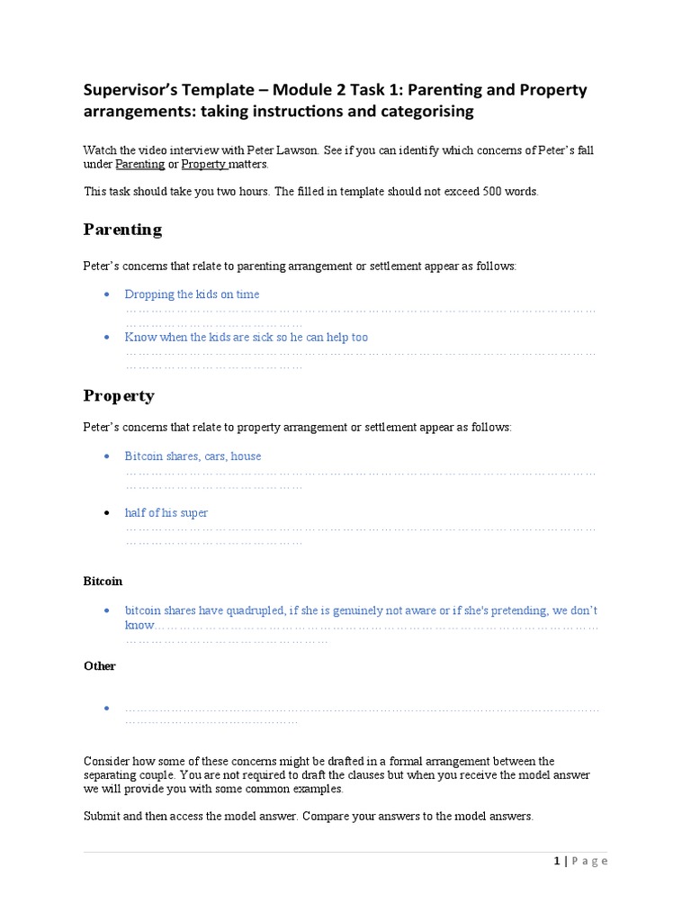 Supervisor's Template - Module 2 Task 1 Parenting and Property ...