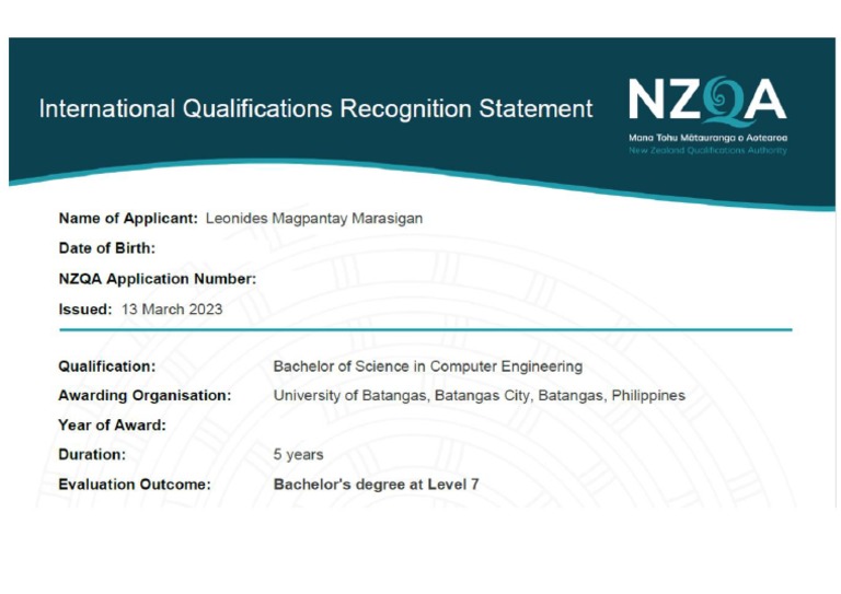 International Qualifications Recognition Statement NZQA | PDF