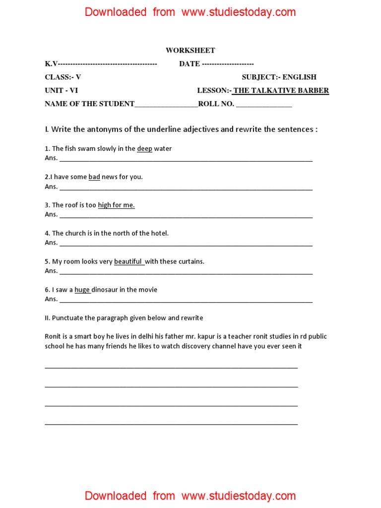 CBSE Class 5 English Worksheet - The Talkative Barber | PDF | Linguistics