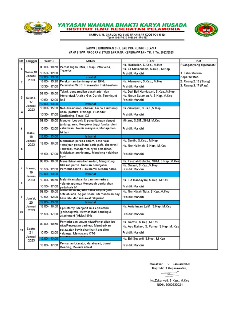 Jadwal Bimbingan Pra Klinik Kep Mater Dan Kep Dewasa 2023 | PDF