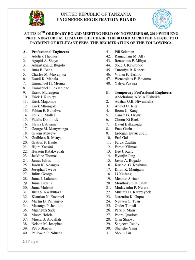 Tanzania Engineers Registration List | PDF | Travel
