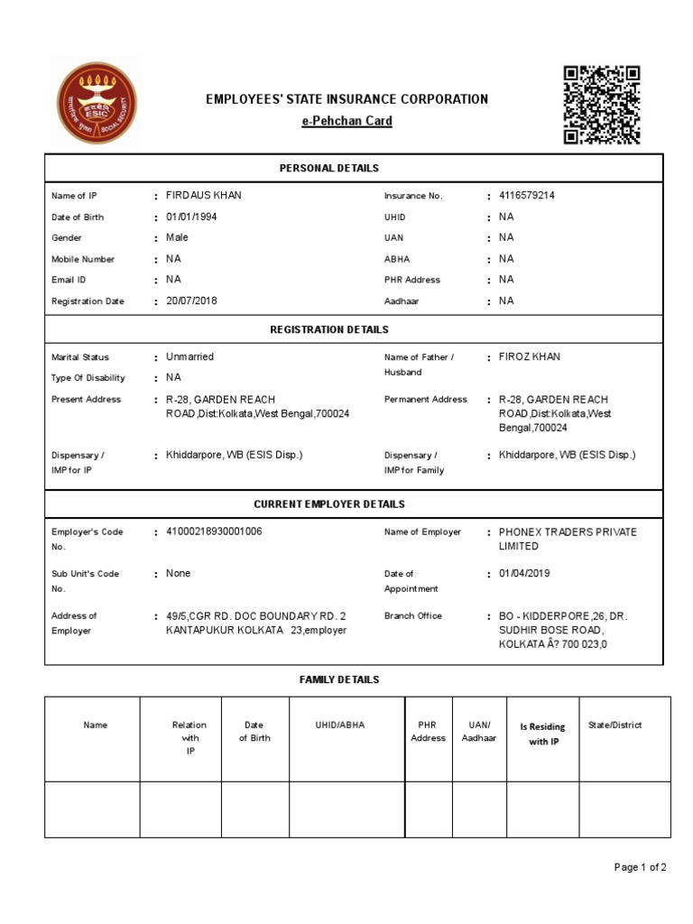 Employees' State Insurance Corporation E-Pehchan Card: Personal Details ...