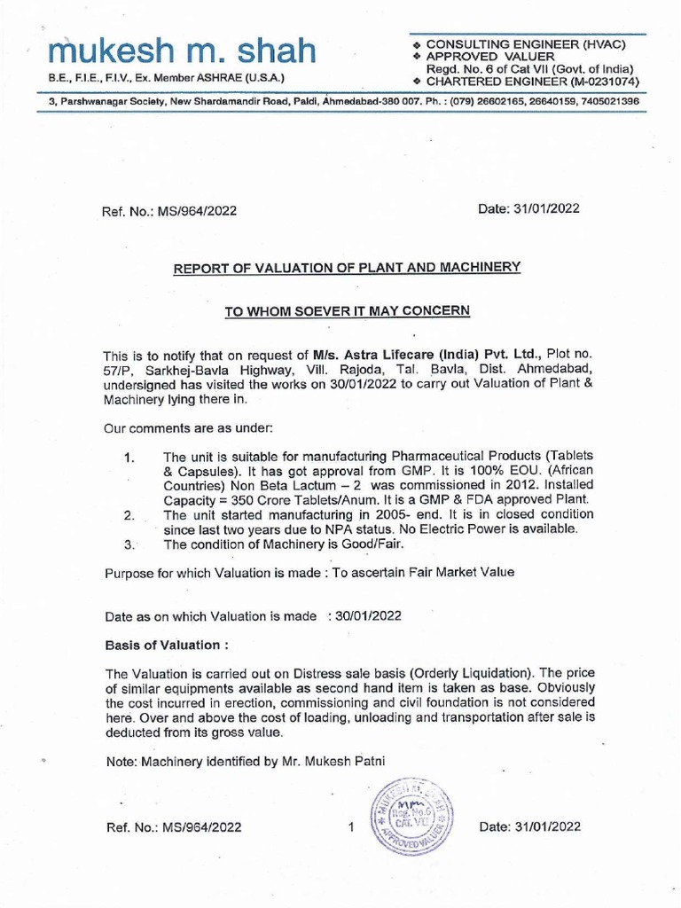 REPORT OF VALUATION OF PLANT NAD MACHINERY - Compressed | PDF