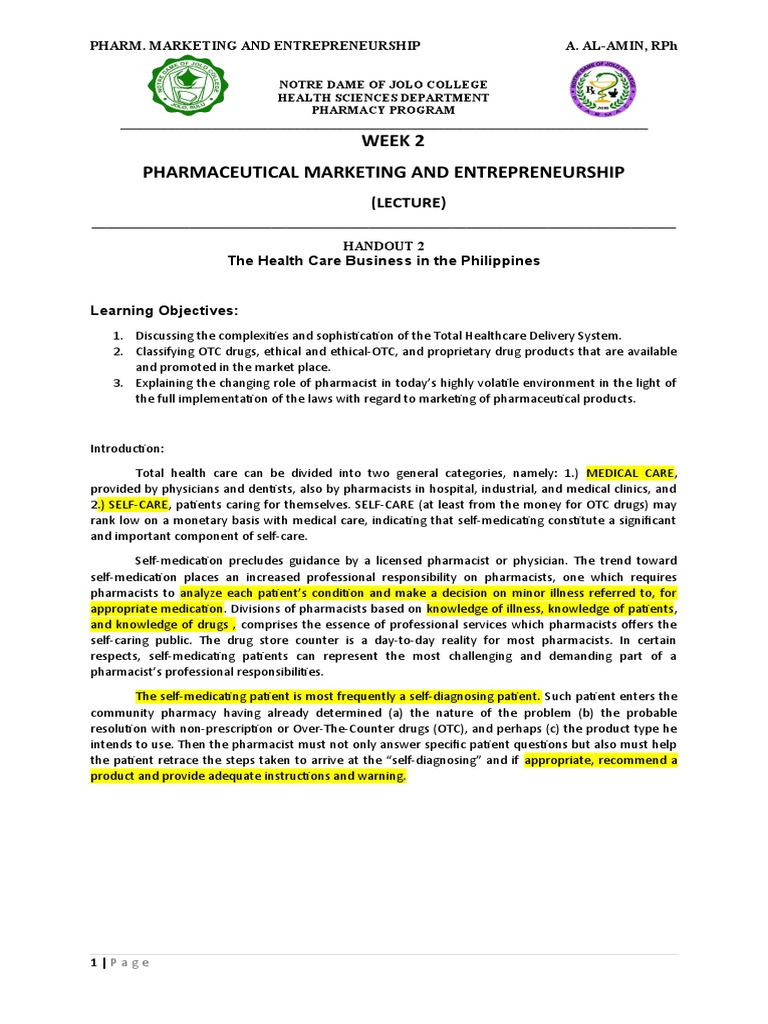 Week 2 Pharmaceutical Marketing and Entrepreneurship: (Lecture) | PDF | Pharmacy | Pharmacist
