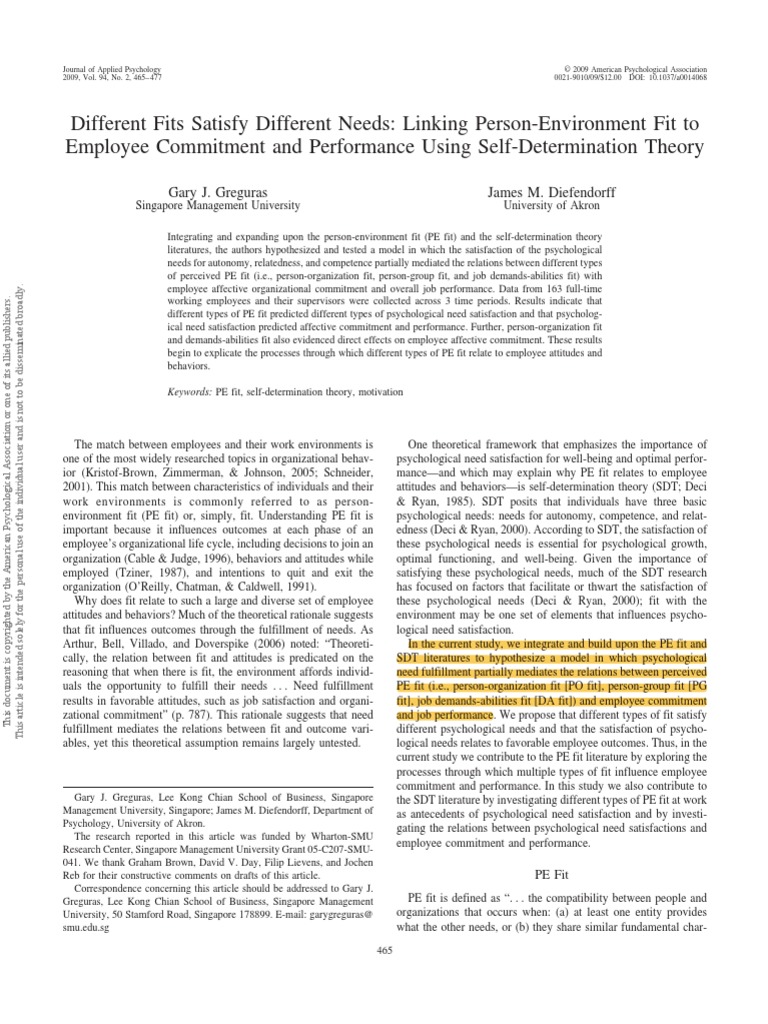 Different Fits Satisfy Different Needs: Linking Person-Environment Fit To Employee Commitment ...