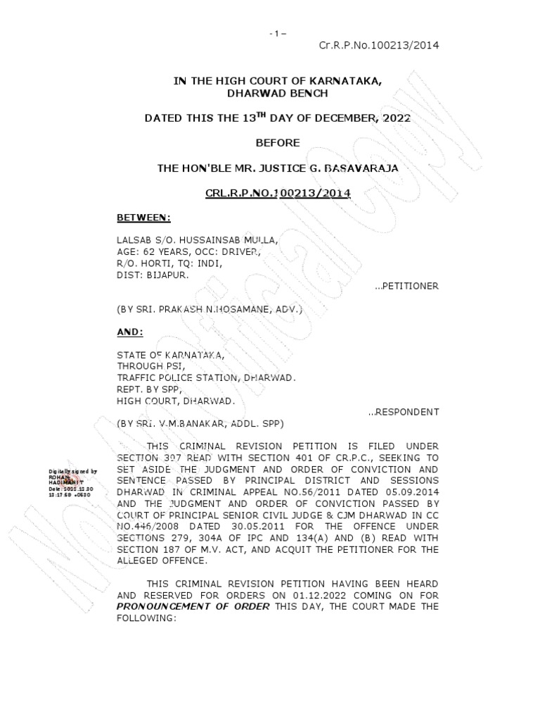 Lalsab S O Hussainsab Mulla Vs State of Karnataka On 13 December 2022 | PDF | Prosecutor | Bail