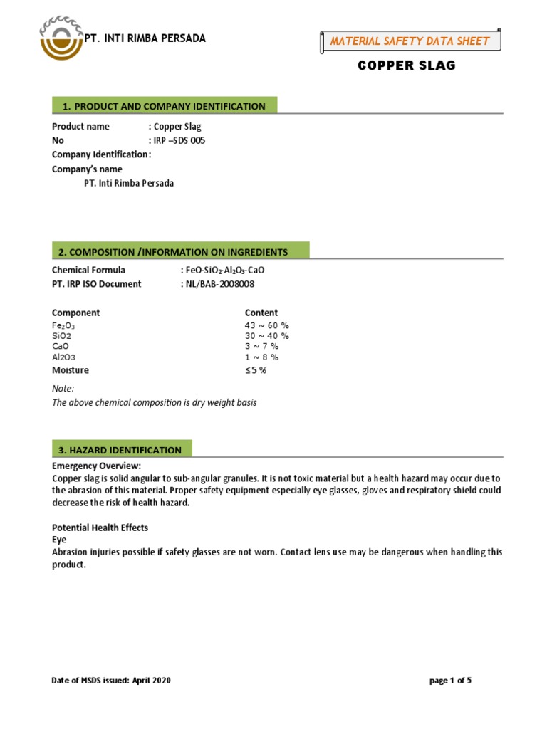 MSDS Copper Slag (IRP) - 2 | PDF