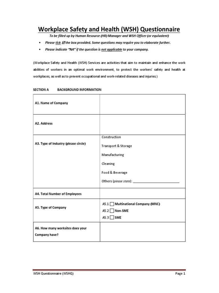Workplace Safety and Health (WSH) Questionnaire | Download Free PDF ...