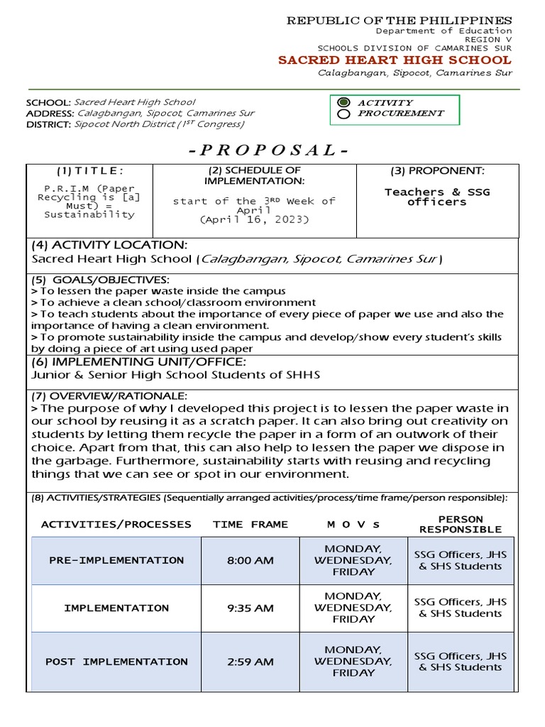 Paper Recycling Proposal for SHHS | PDF
