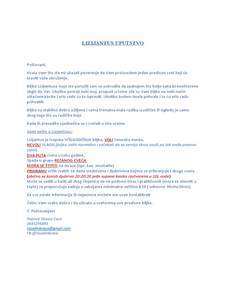 Lizijantus Uputstvoa 2345 | PDF