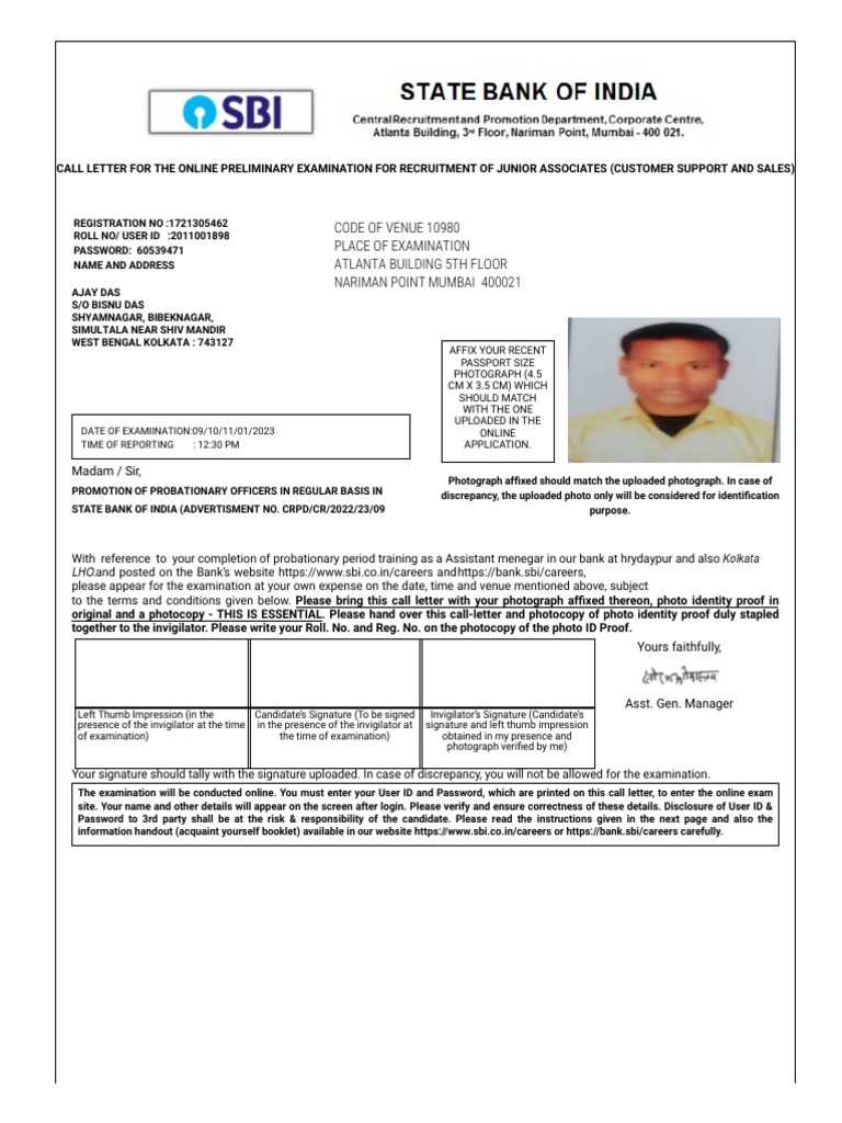 Sbi Call Letter | PDF | Identity Document