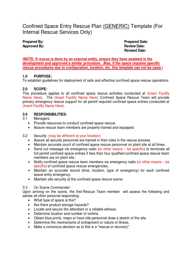 Confined Space Entry Rescue Plan (GENERIC) Template (For Internal Rescue Services Only) | PDF ...