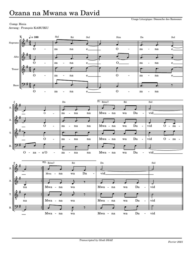 Ozana Na Mwana Wa Davidi - Abbé Binia - Arr - Papy Kabuiku | PDF