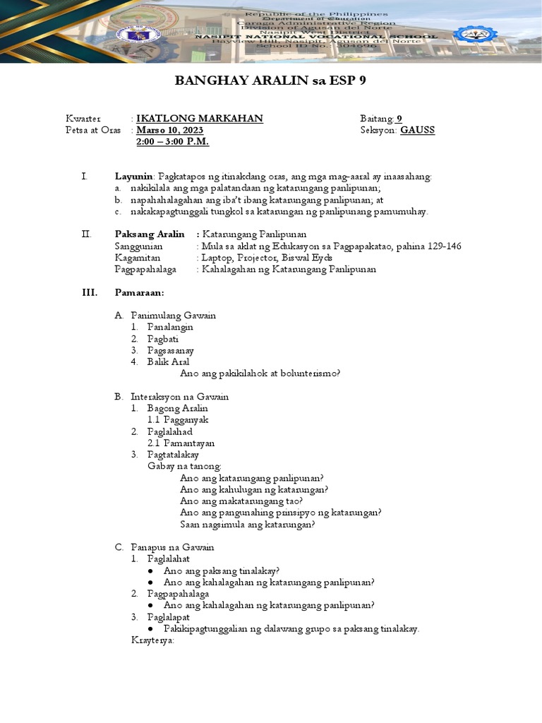 Banghay Aralin Sa ESP 9 | PDF