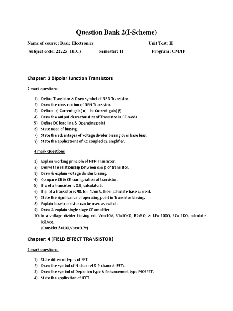 BEC - Question Bank Unit 3,4,5 | PDF | Field Effect Transistor | Transistor BEC - Question Bank Unit 3,4,5 | PDF | Field Effect Transistor | Transistor
