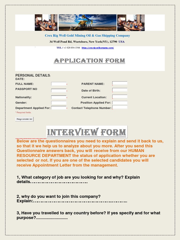 Crex Rig Well Job Application Form | PDF