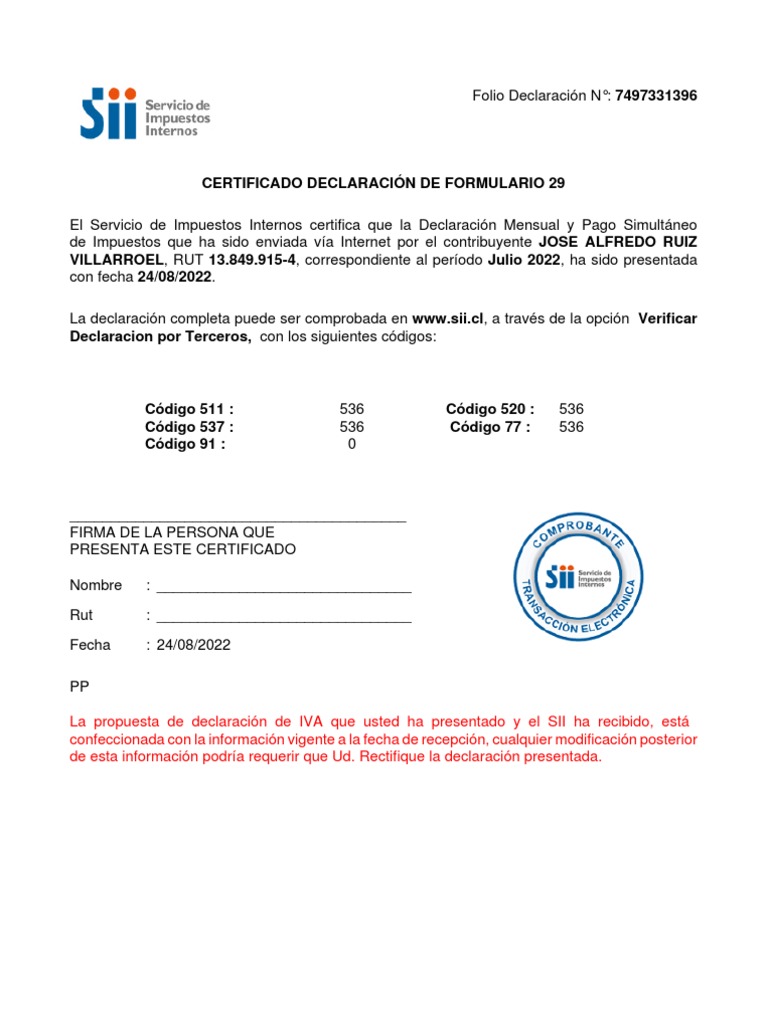 Certificado Declaración de Formulario 29 | PDF