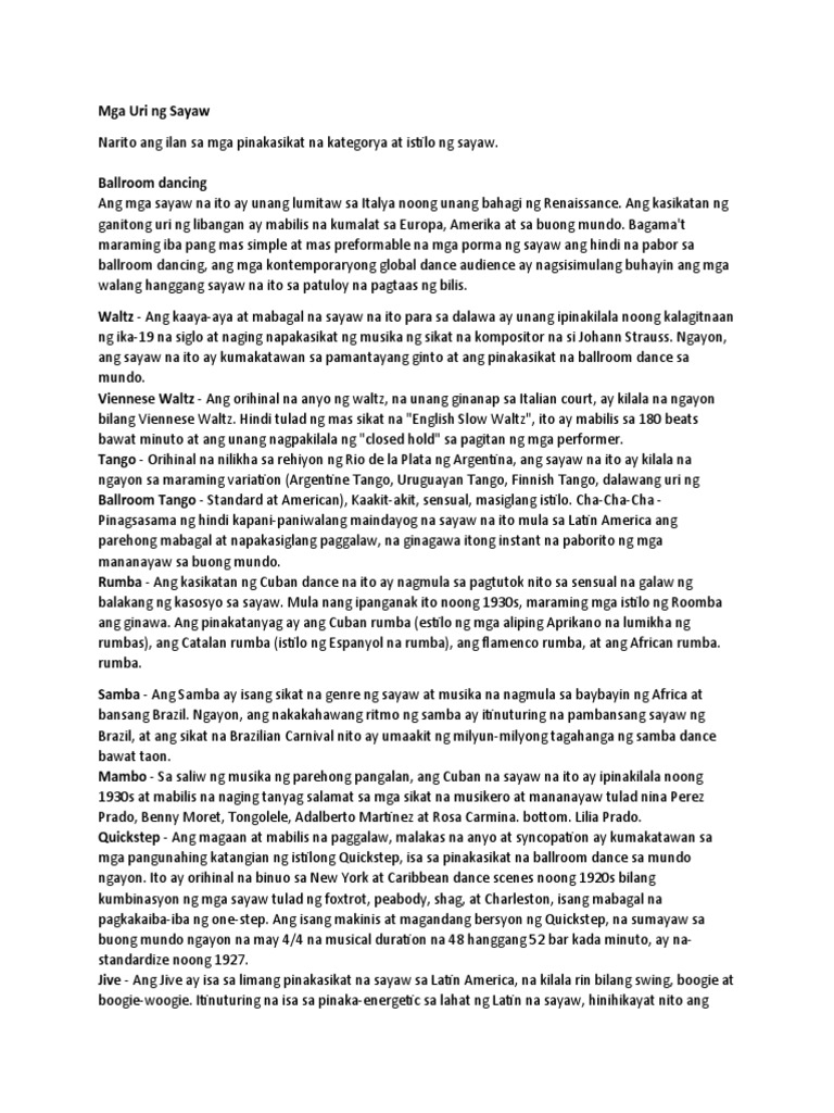 Mga Uri NG Sayaw | PDF