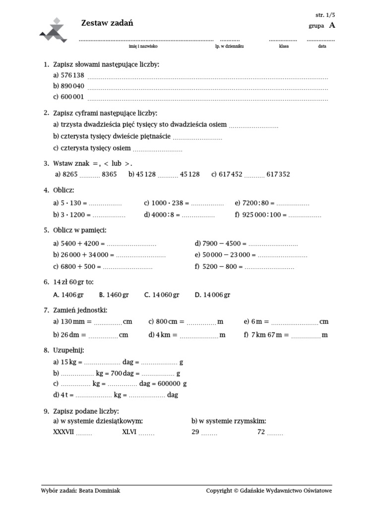 Zestaw Zadań - Systemy Liczbowe Kl. 4 | PDF