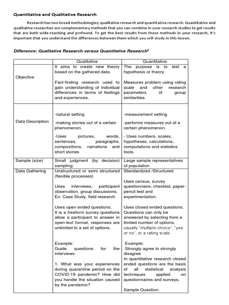 Understanding the Differences Between Qualitative and Quantitative Research Methodologies | PDF ...