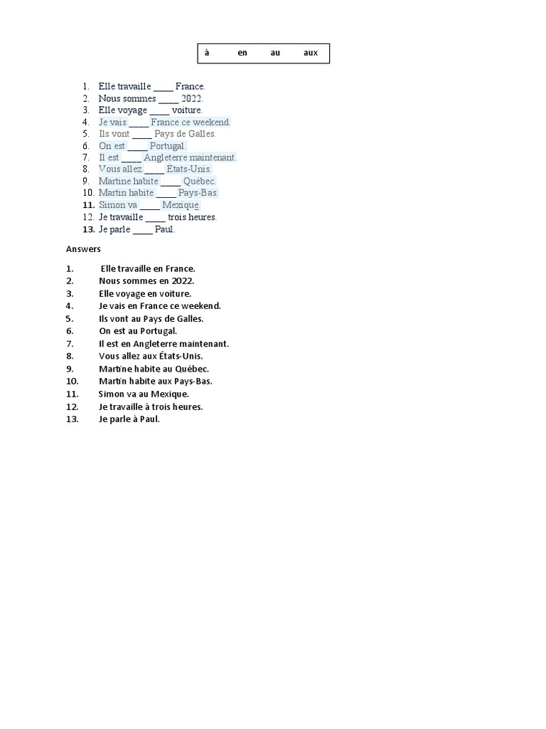 Prepositions in French - Exercises | PDF