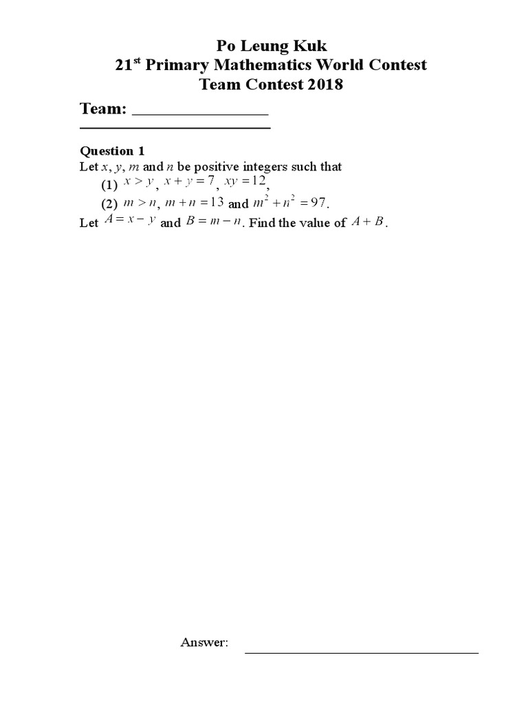 Po Leung Kuk 21 Primary Mathematics World Contest Team Contest 2018 ...