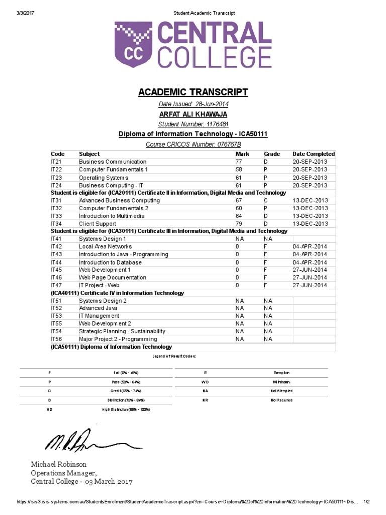 Student Academic Transcript 1176481 | PDF | Computing | Information Technology