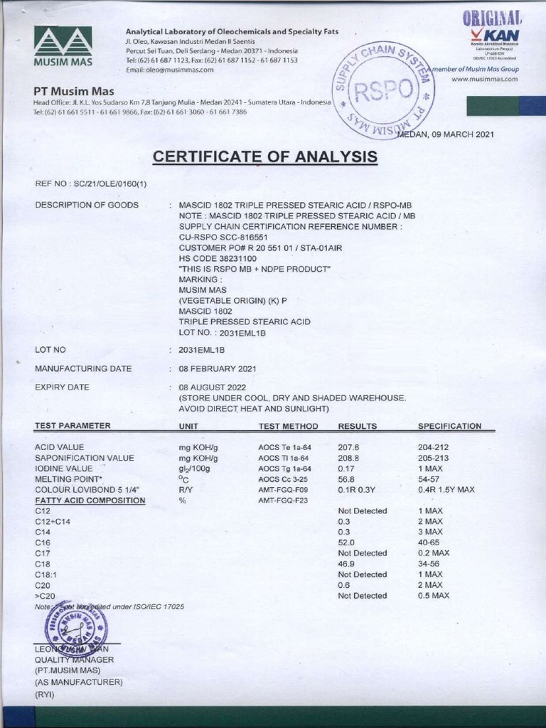 Stearic Acid COA | PDF