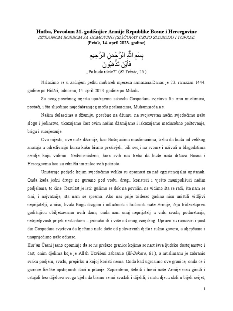 Hutba, Dan Armije R. Bosne I Hercegovine 2023. | PDF