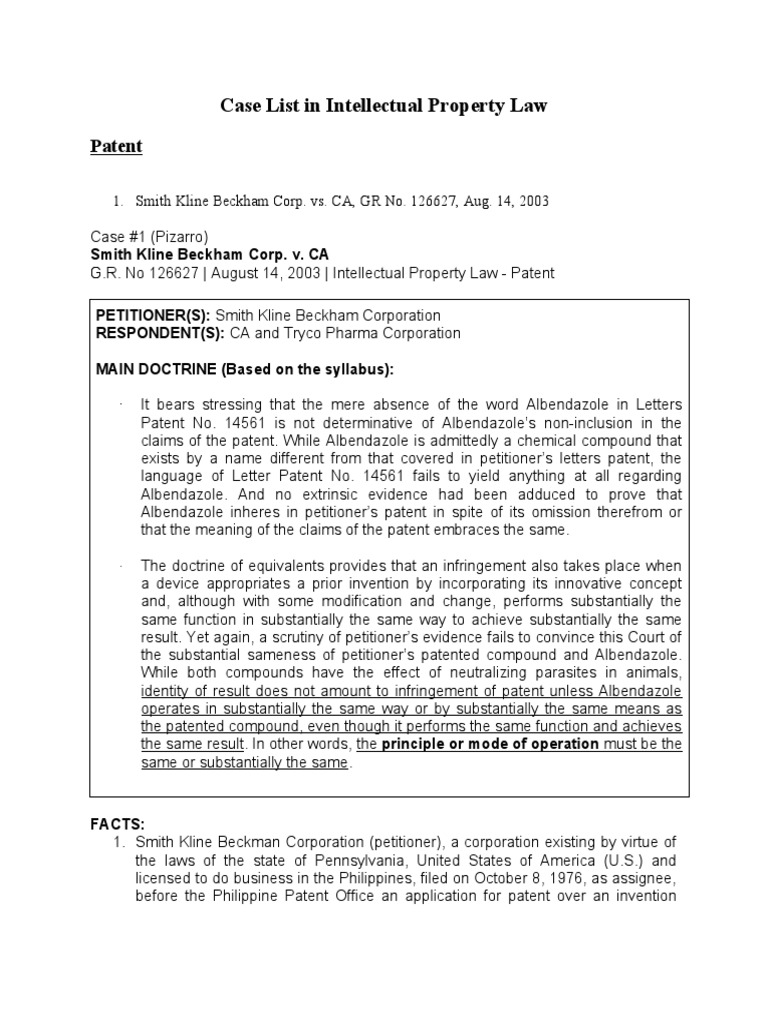 Case List in Intellectual Property Law | PDF | Patent | Glossary Of Patent Law Terms
