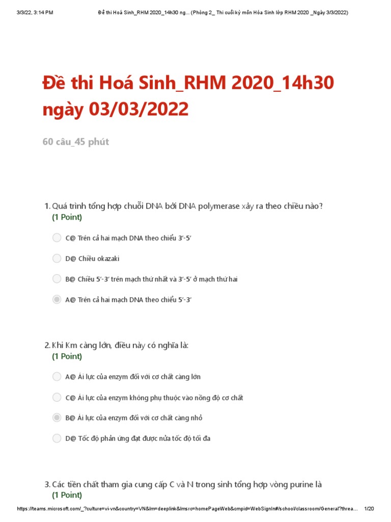 Hóa Sinh RHM 2020 | PDF