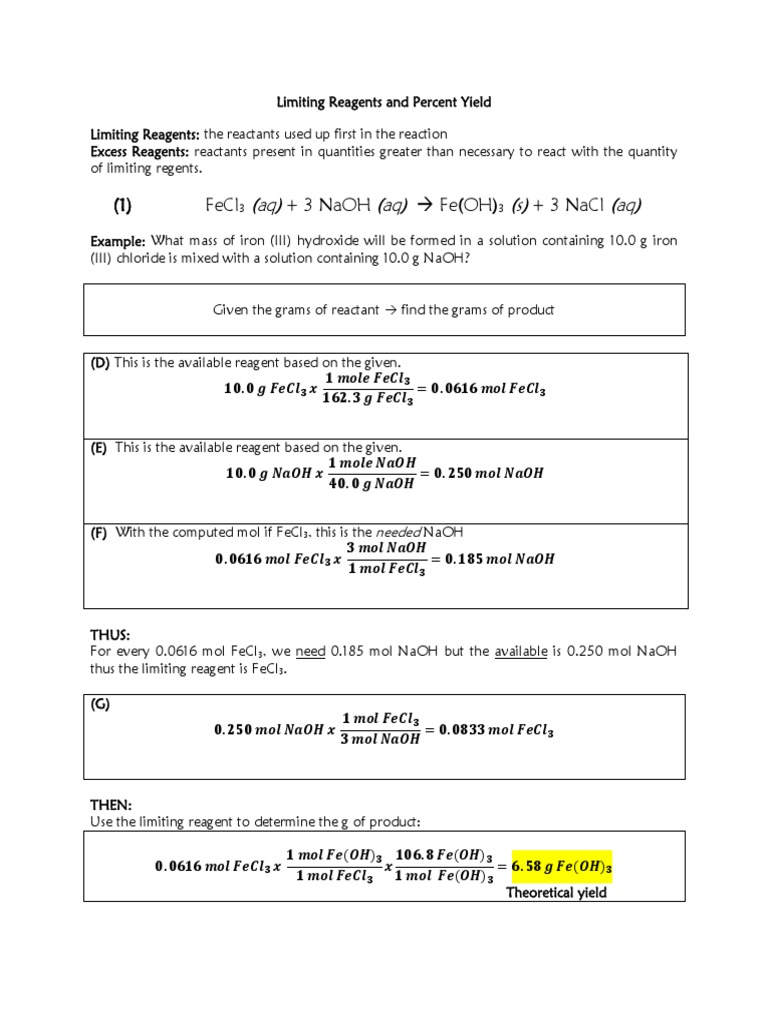 Limiting Reagents and Percent Yield | PDF | Teaching Methods & Materials