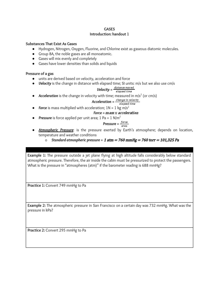 For Chemistry Gas Laws Handout 1 2 | PDF | Gases | Pressure